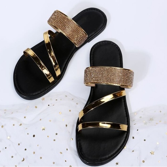 SHEIN | Shoes | New Shein Gold Slide Sandals Rhinestone Decor Multi ...